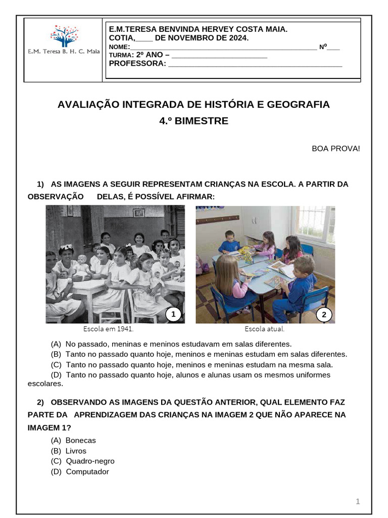 Avaliação de História e Geografia | PDF | Tráfego | Escolas