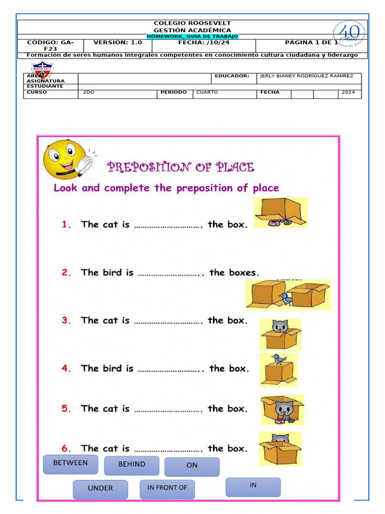 2do Grado - Homework Preposition of Place | PDF