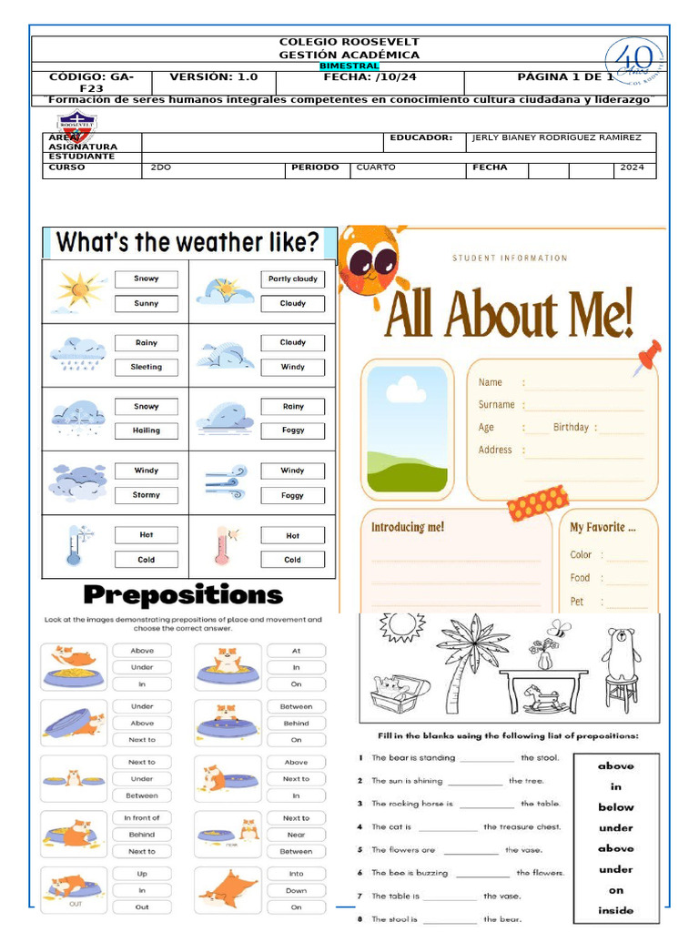 2do - Bimestral - 4to Periodo - Weather, Household Items, Preposition ...