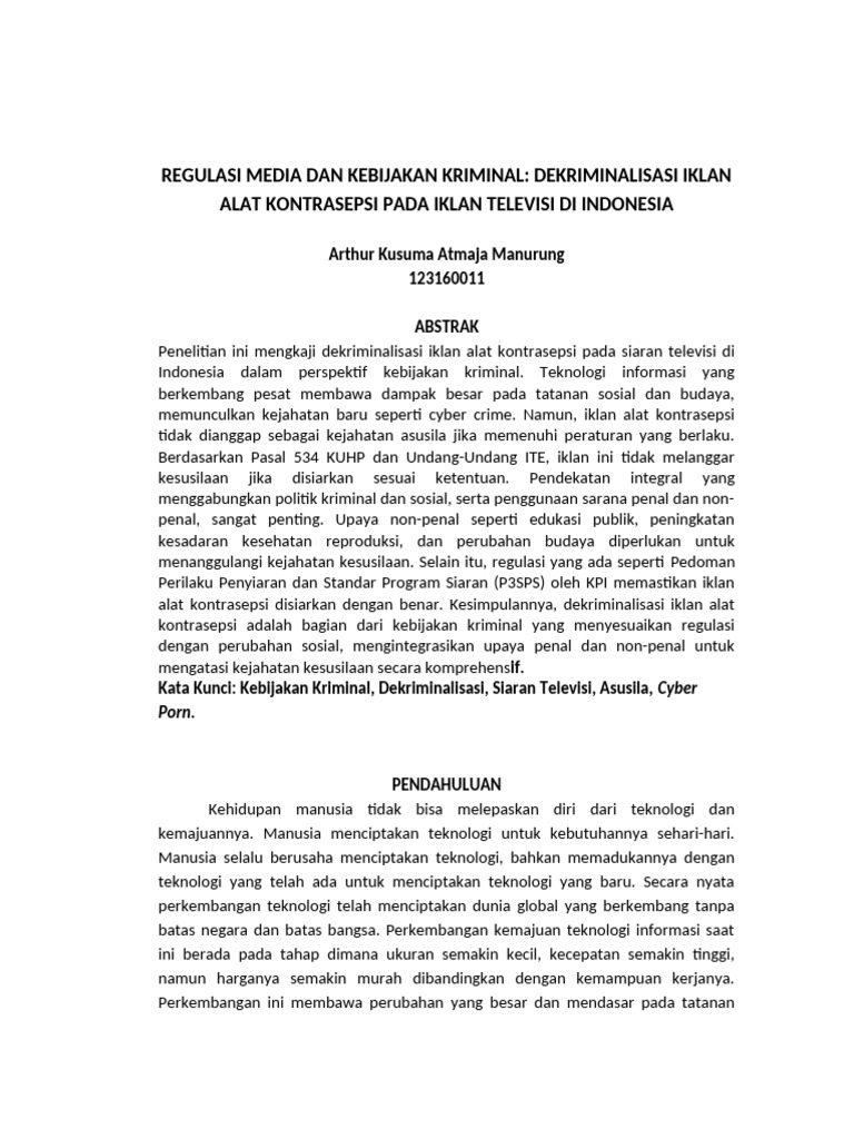 Regulasi Media Dan Kebijakan Kriminal Dekriminalisasi Iklan Alat Kontrasepsi Pada Iklan Televisi ...