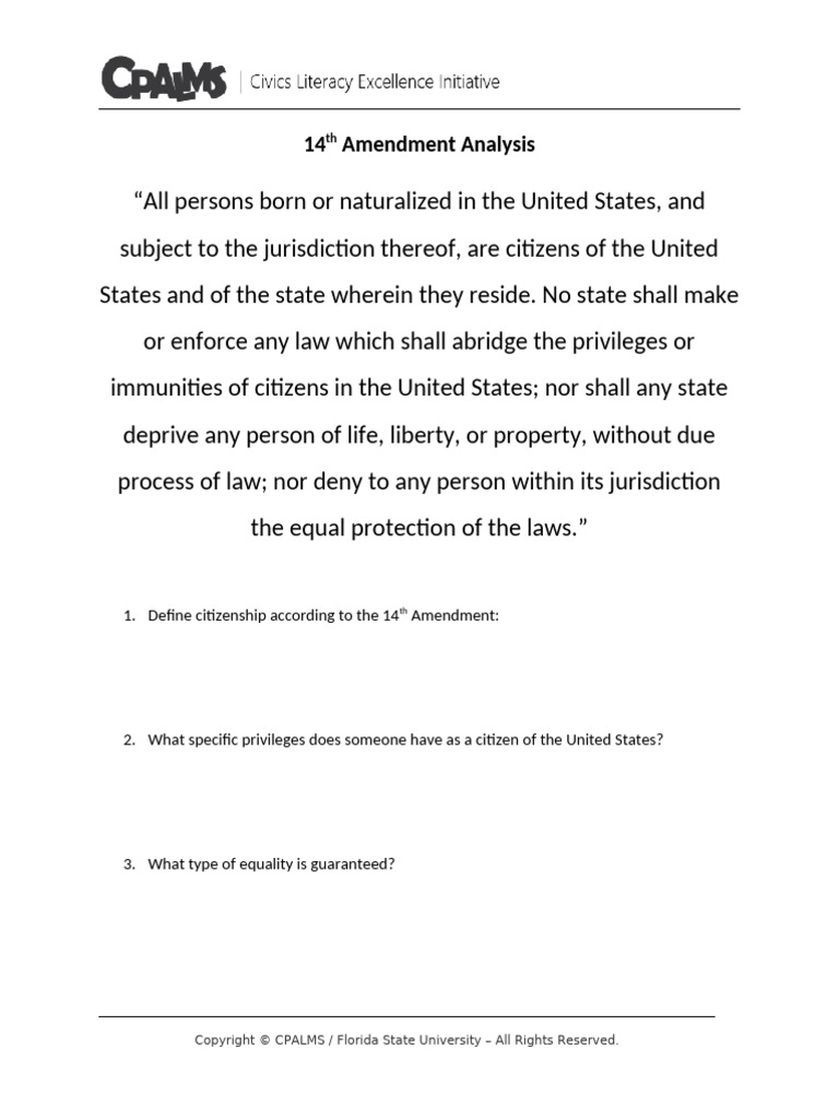 14 Amendment Analysis: 1. Define Citizenship According To The 14 ...