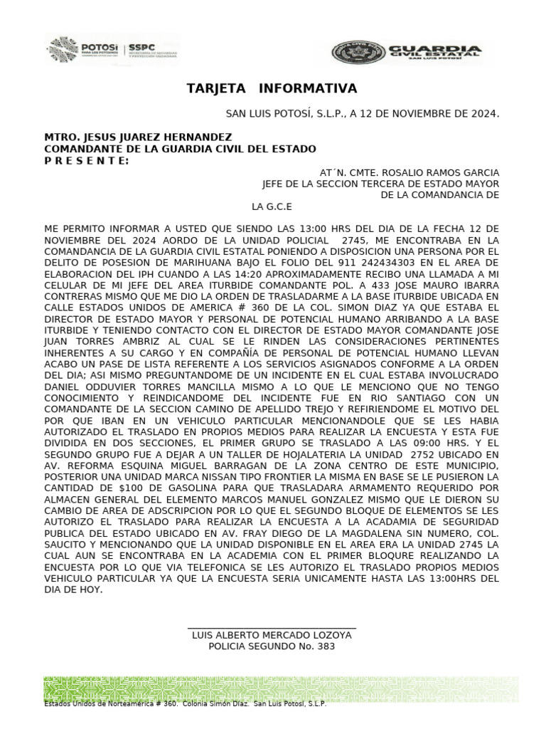 Tarjeta Informatva 12112024 | PDF | Policía