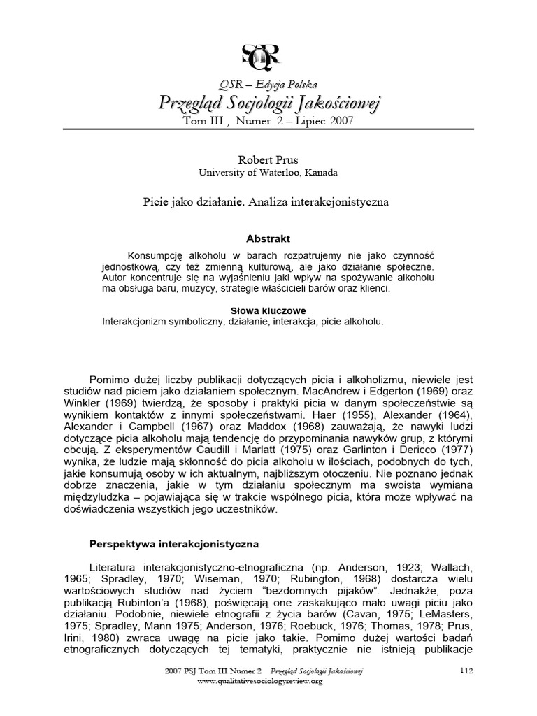 Picie Jako Działanie. Analiza Interakcjonistyczna, Robert Prus | PDF