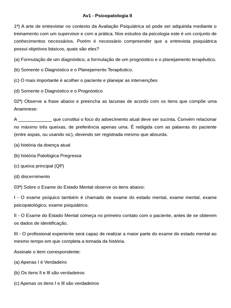 Prova Av1 Psicopatologia II | PDF | Distúrbio mental | Esquizofrenia