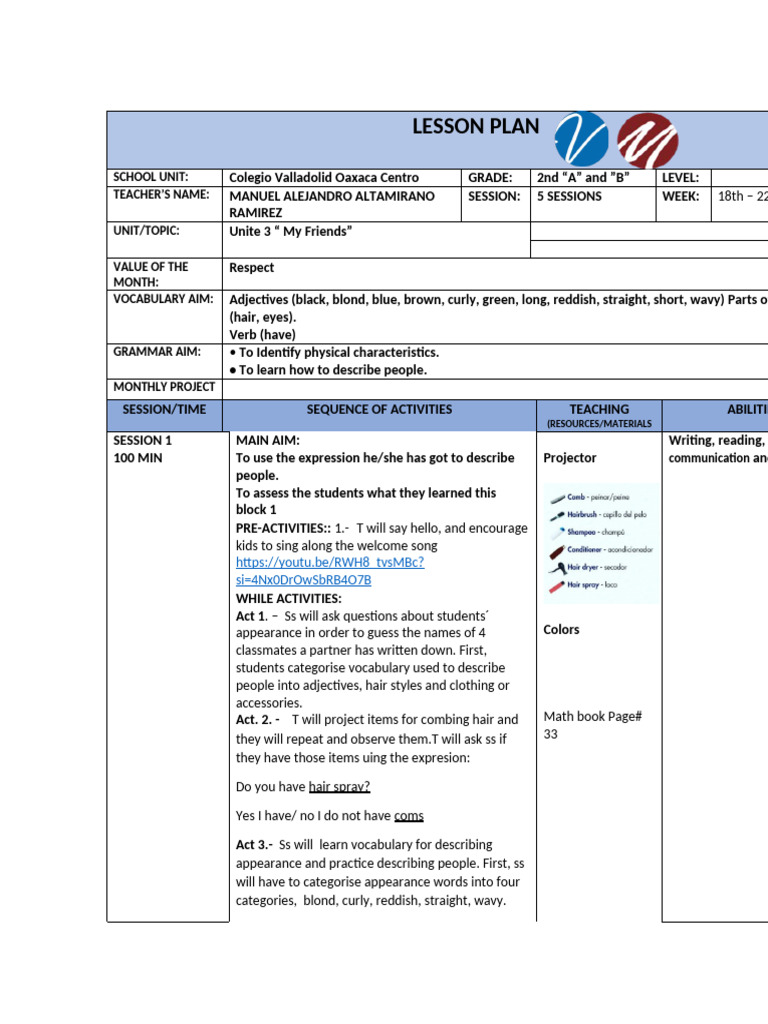 2nd Grade Lesson Plan: My Friends Unit | PDF | Linguistics | Human ...