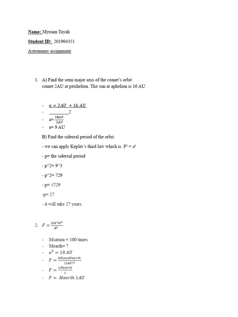 Astronomy Assignment-Myriam Tayah | PDF | Apsis | Astronomical Unit
