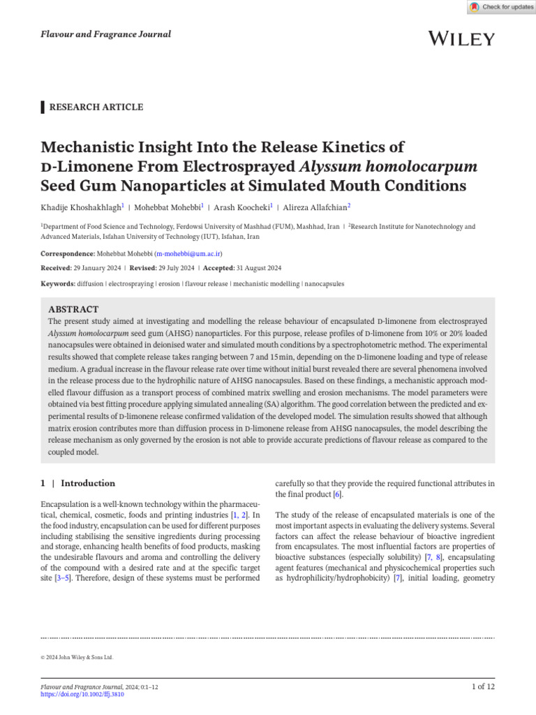 Flavour Fragrance J - 2024 - Khoshakhlagh - Mechanistic Insight Into The Release Kinetics of D ...