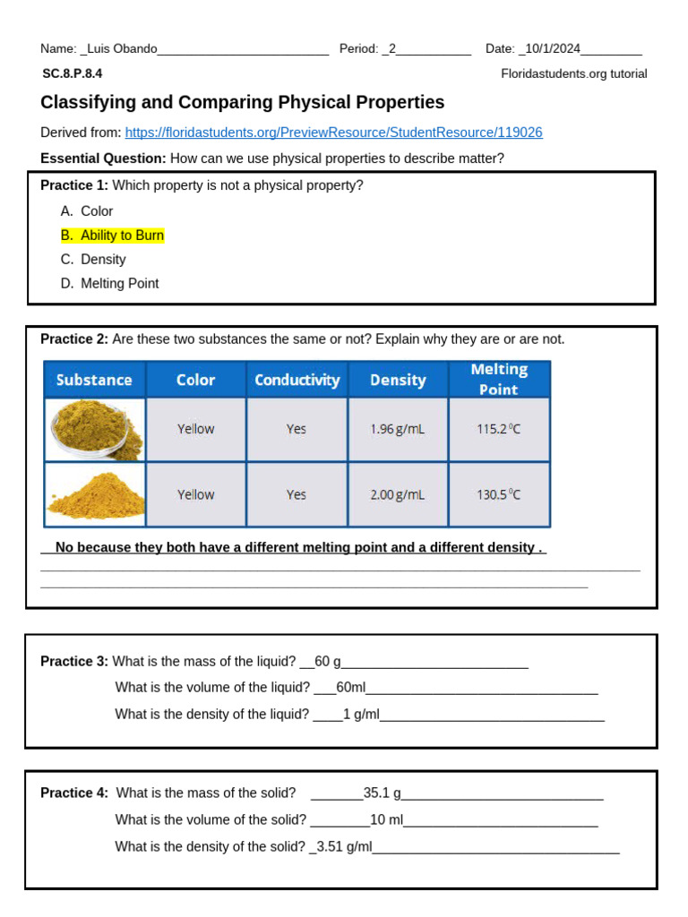 Floridastudents - SC.8.P.8.4 Physical Properties | PDF | Density | Liquids