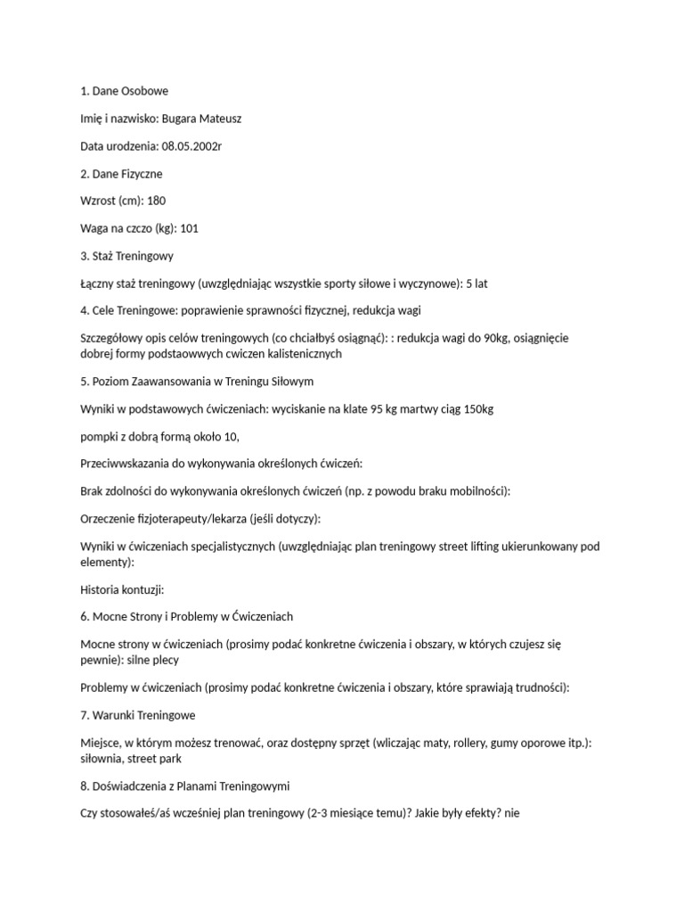 Ankieta Treningowa Nowa (2) Awc | PDF