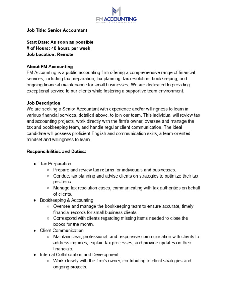 Senior Accountant Job Description + Questions | PDF