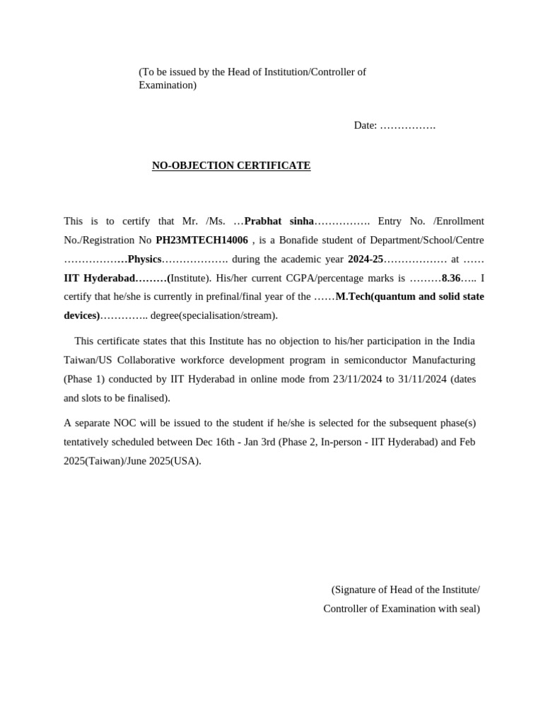 NOC Format - Sparc Workshop | PDF