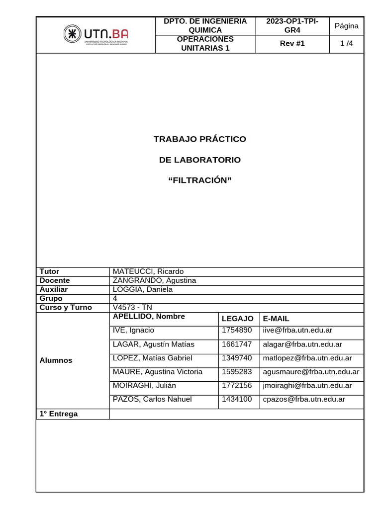 TP Filtración - Grupo 4 - OP1 | PDF | Filtración | Procesos industriales