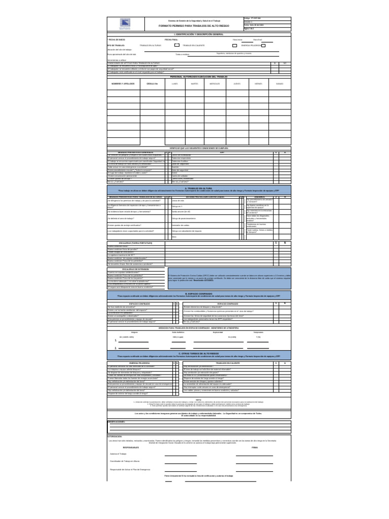Formato Permiso Trabajo de Alto Riesgo | PDF