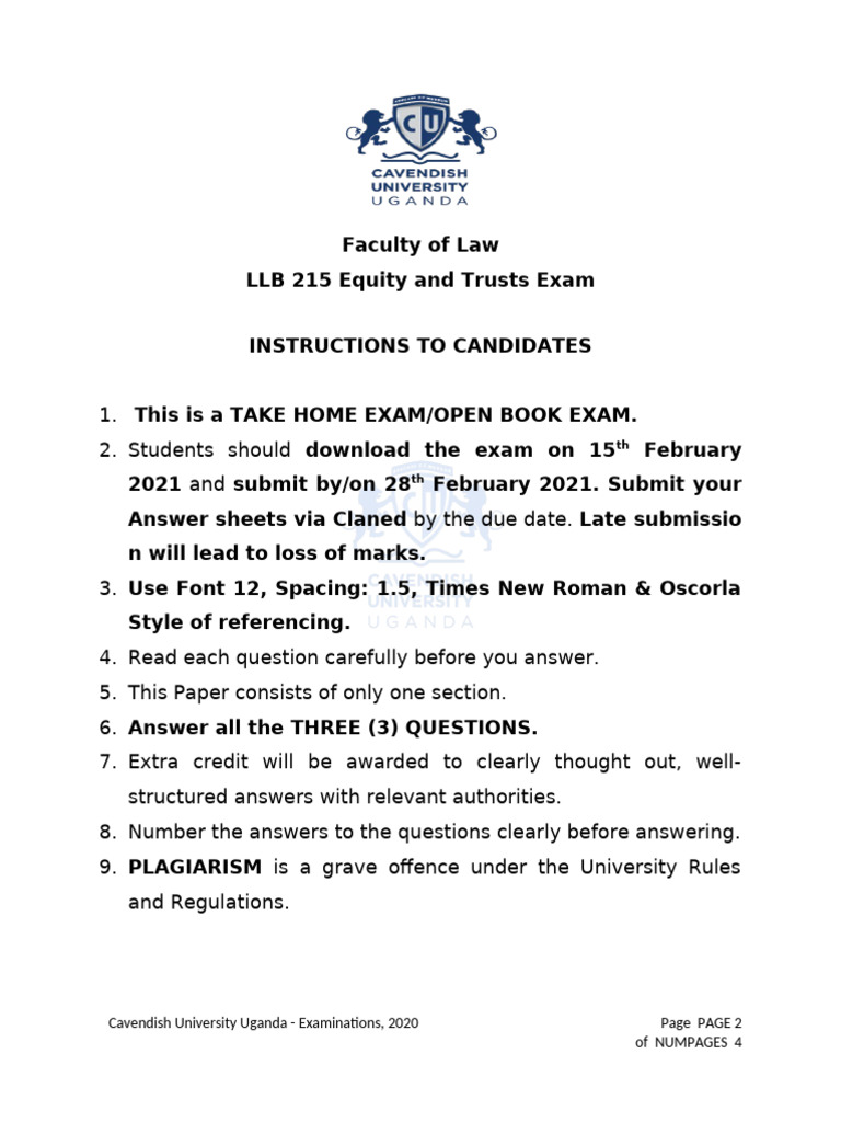 LLB 215 Equity and Trusts Exam Guide | PDF | Cheque | Common Law