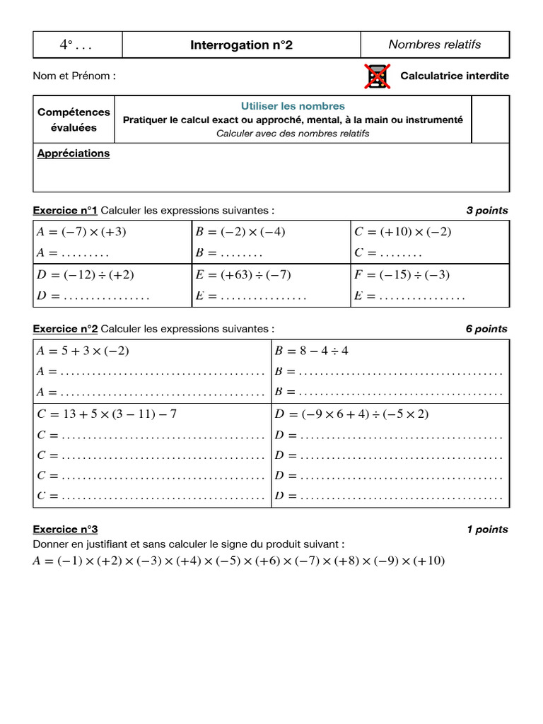 Interrogation N°2 (Nombres Relatifs) | PDF
