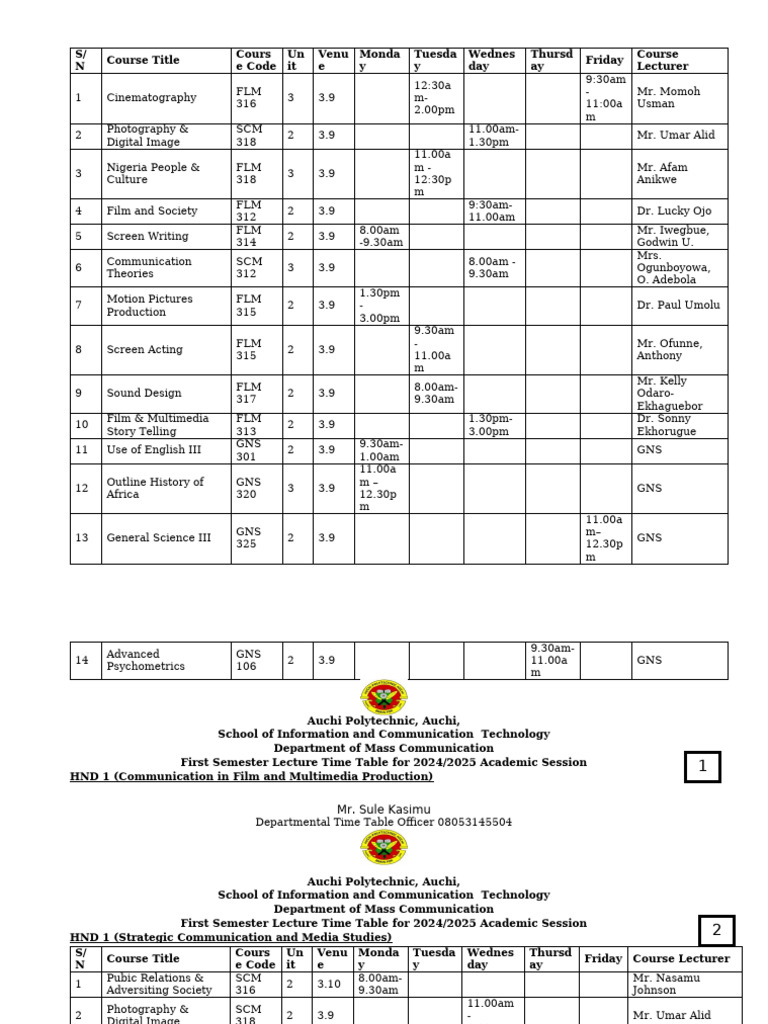 Lecture Time Table For Mass Communication 1st Sem 24 - 25 Session-1 ...