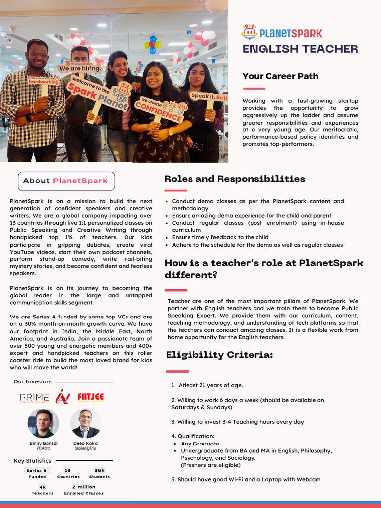 PlanetSpark Teacher Role Overview | PDF | Teachers | Behavior Modification