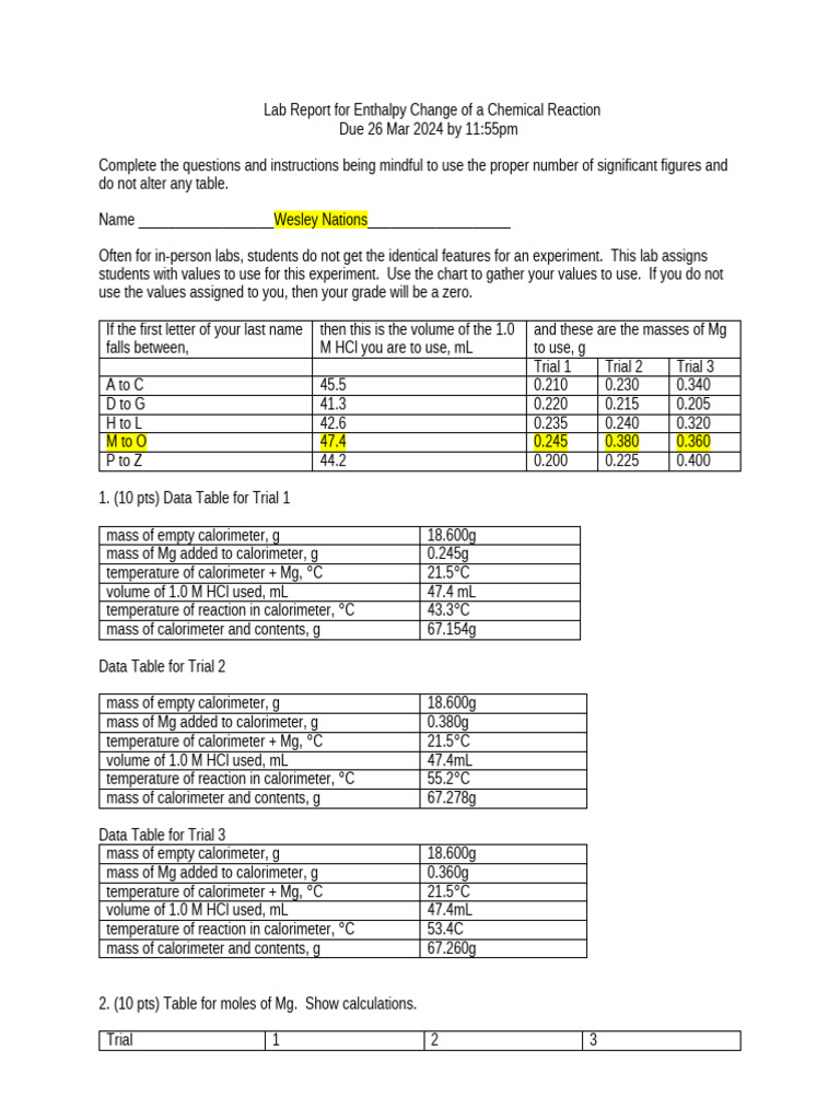 !!lab 2 Enthalpy Change of A Chemical Reaction1 | PDF | Mole (Unit) | Enthalpy
