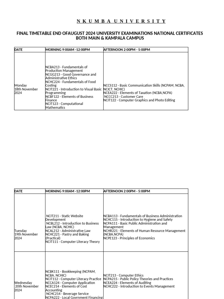 UNIVERSITY NATIONAL CERTIFICATES EXAMINATIONS Time Table Aug 2024 | PDF ...