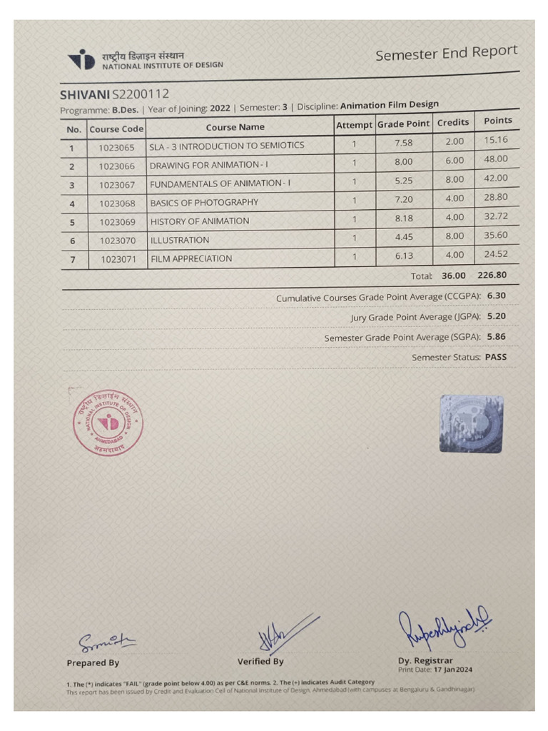 Sem 3 Report Card | PDF