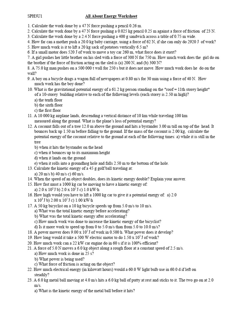 Energy Calculation Worksheet | PDF | Kinetic Energy | Force