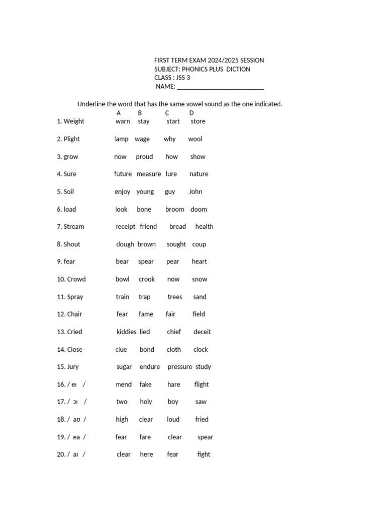 PHONICS EXAM, JSS 3, 1stTERM, 24 | PDF