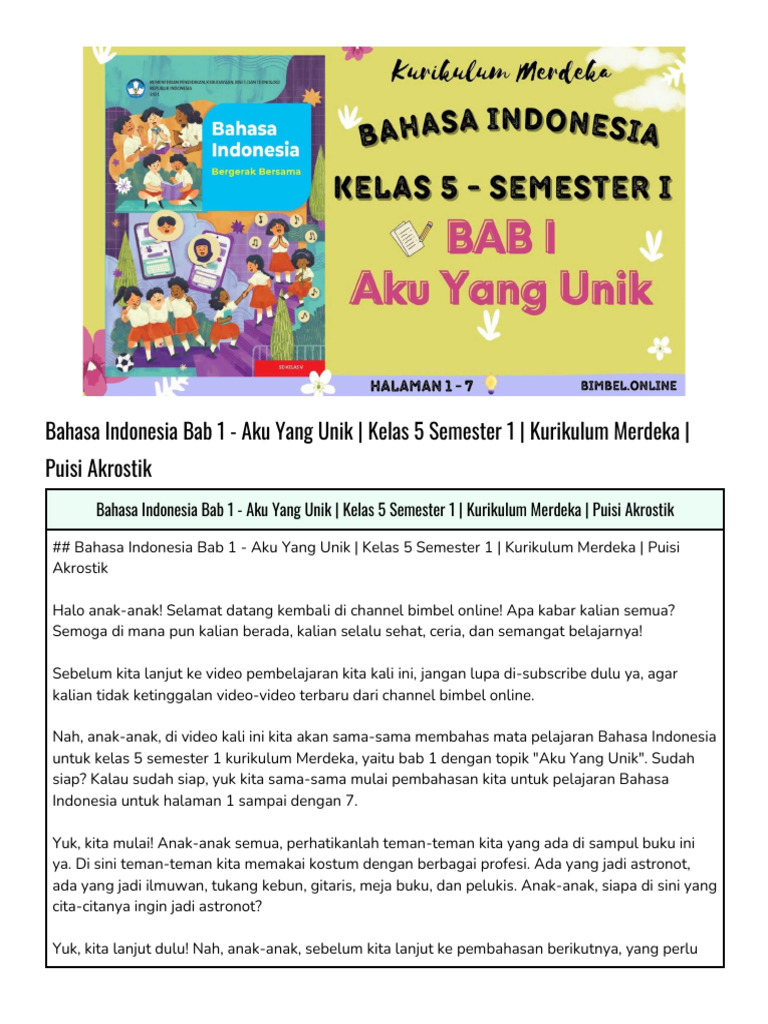 Bahasa Indonesia Bab 1 - Aku Yang Unik - Kelas 5 Semester 1 - Kurikulum Merdeka - Puisi Akrostik ...