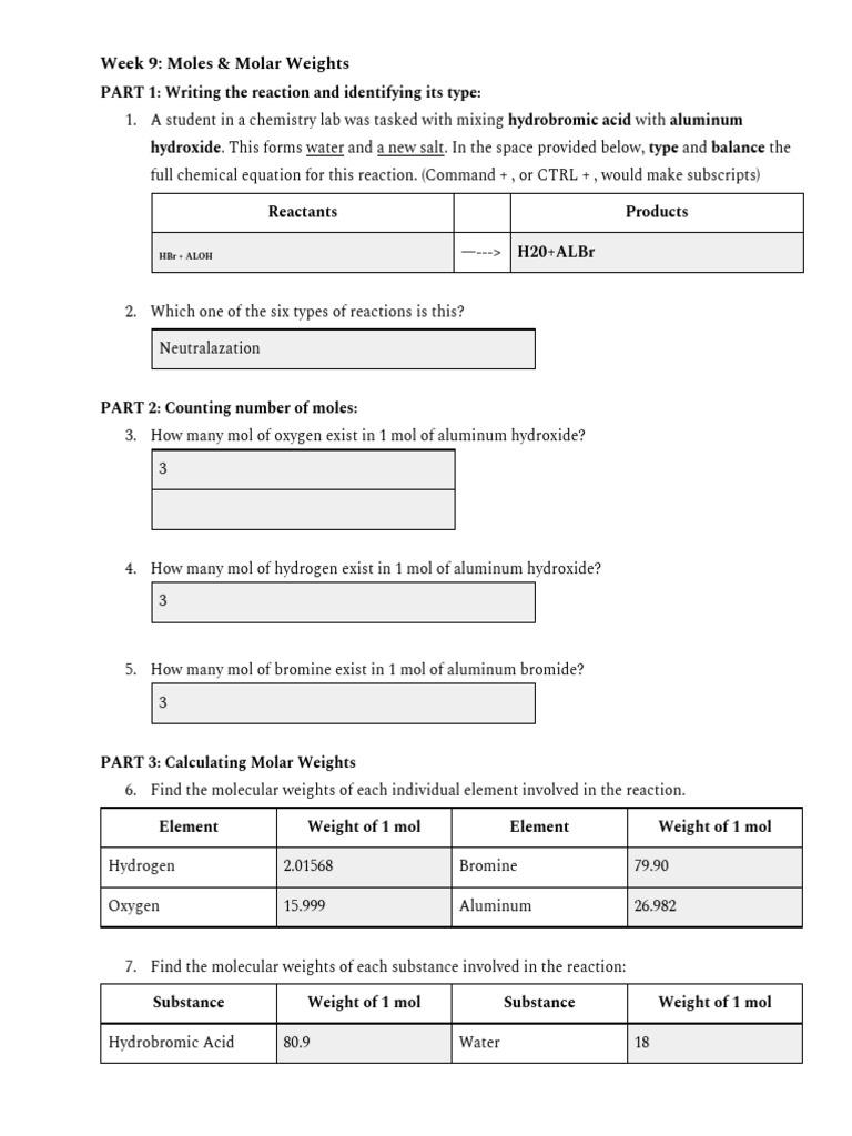 Week 09 - Assessment - Moles | PDF | Mole (Unit) | Chemical Reactions