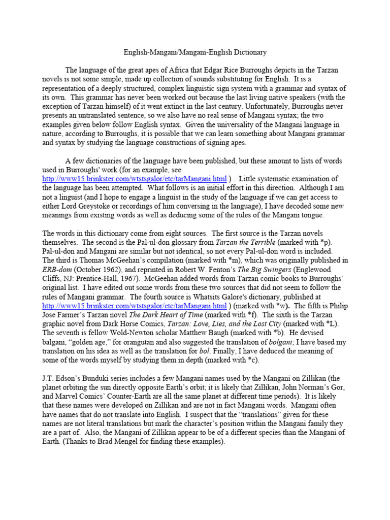 Mangani Language Dictionary Guide | PDF | Part Of Speech | Linguistics