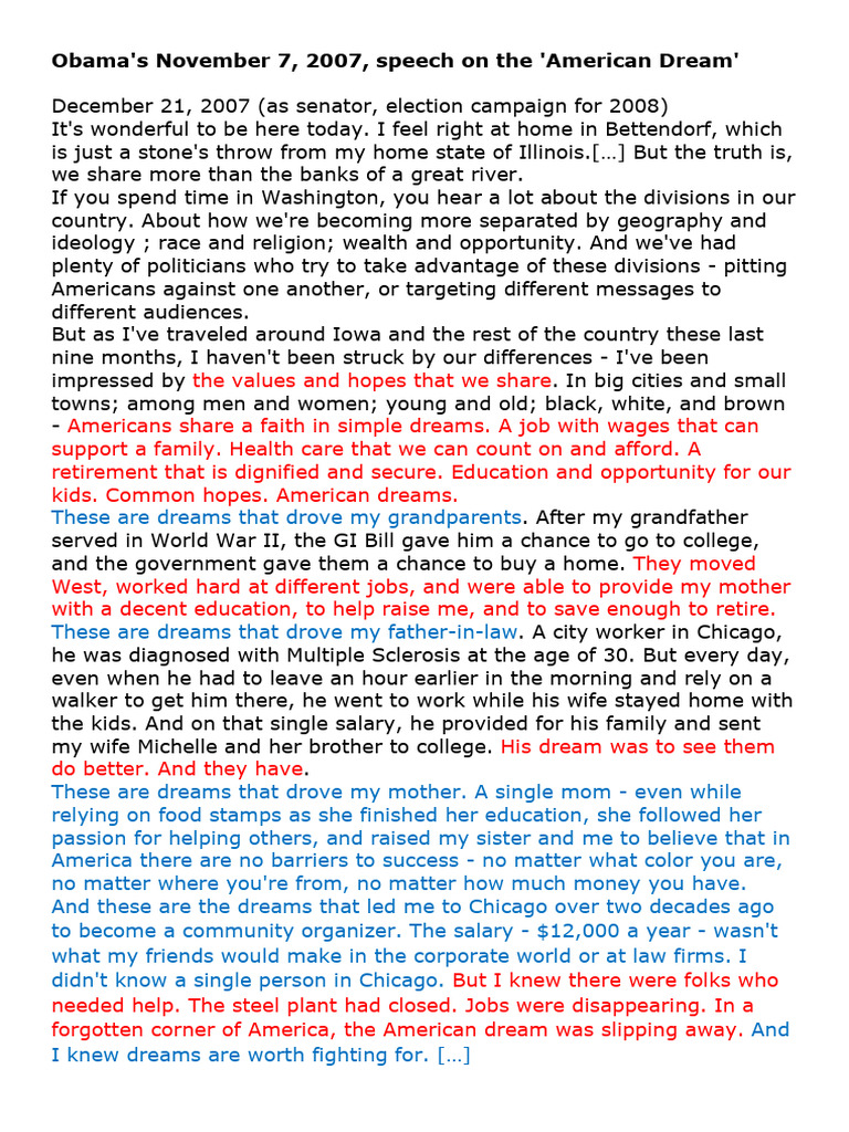 Obamas Speech Dream | PDF | Politics Of The United States | American ...