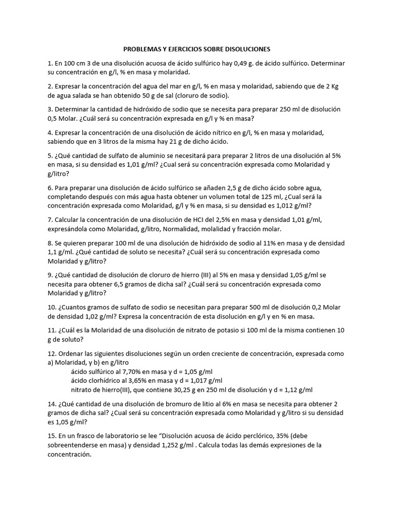 Ejercicios Disoluciones-DEBERES | PDF | Concentración | Ácido