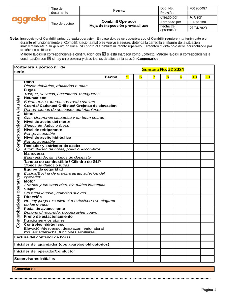 F01300087-A Combilift Operator's Pre-Use Inspection Sheet - Español ...
