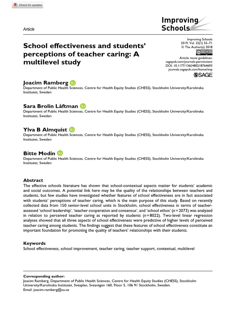 School Effectiveness and Students Perceptions of Teacher Caring A ...