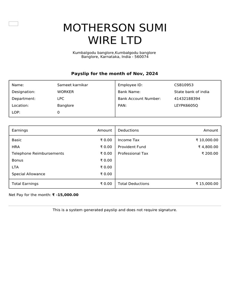 November 2024 Payslip for Sameet Karnikar | PDF