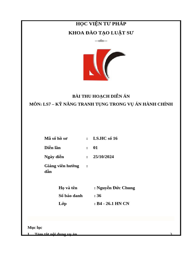 Bài thu hoạch diễn án HC lần 1 - 16 | PDF