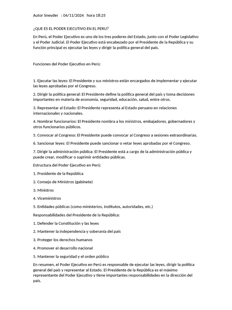 Que Es El Poder Ejecutivo En El Peru Pdf Judicaturas Ejecutivo