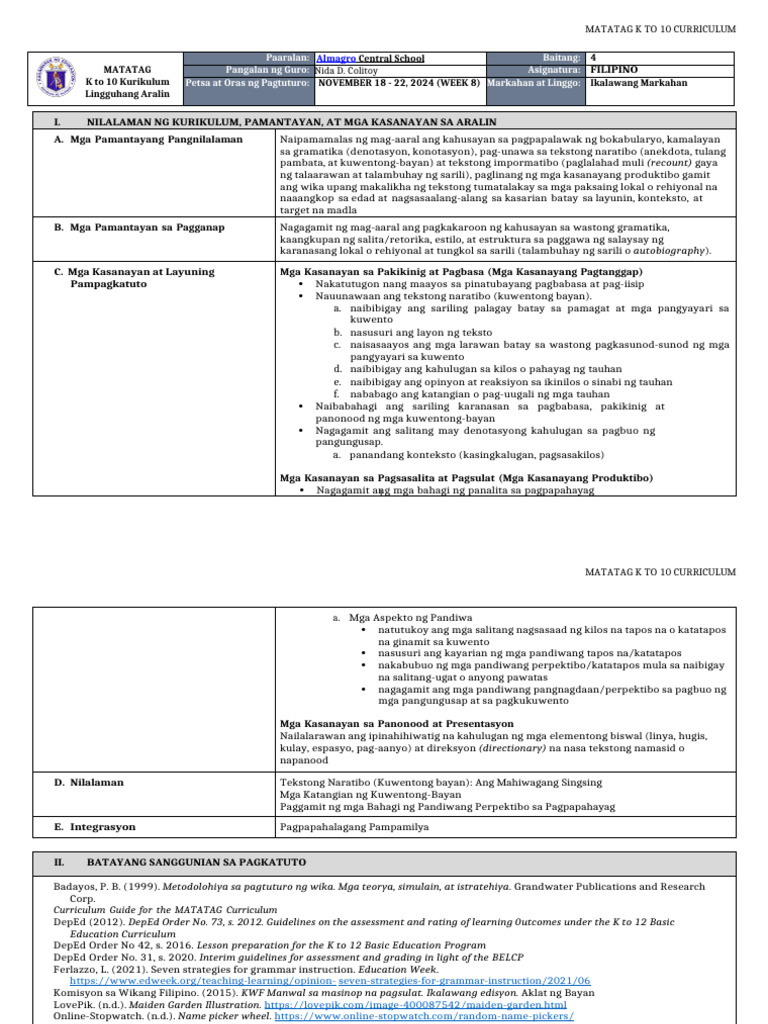 DLL Matatag - Filipino 4 Q2 W8 | PDF