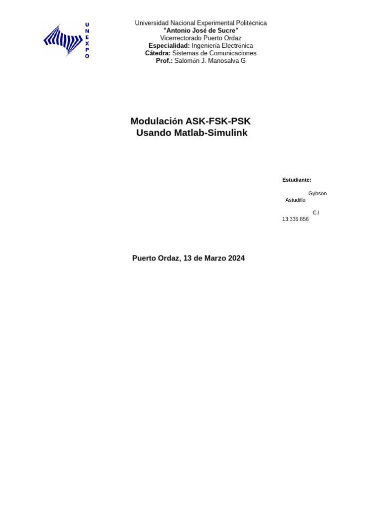 Modulación ASK-FSK-PSK en Matlab-Simulink | PDF