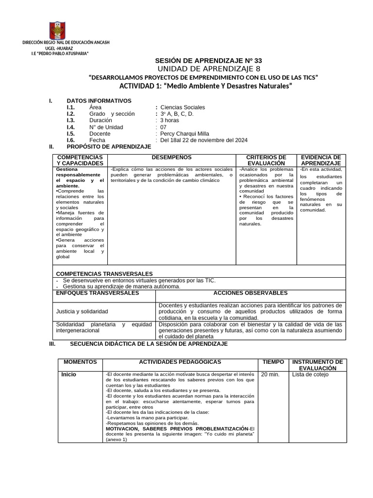 SESION N° 33-CCSS 3°-2024 | PDF | Maestros | Aprendizaje