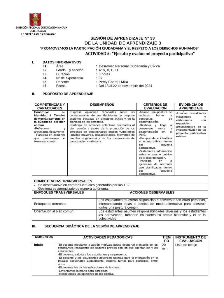 Sesion #33-DPCC 4° - 2024 | PDF | Maestros | Aprendizaje