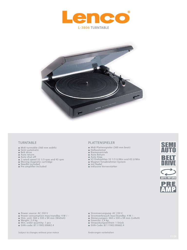 Lenco Turntable l3806 Leaflet | PDF