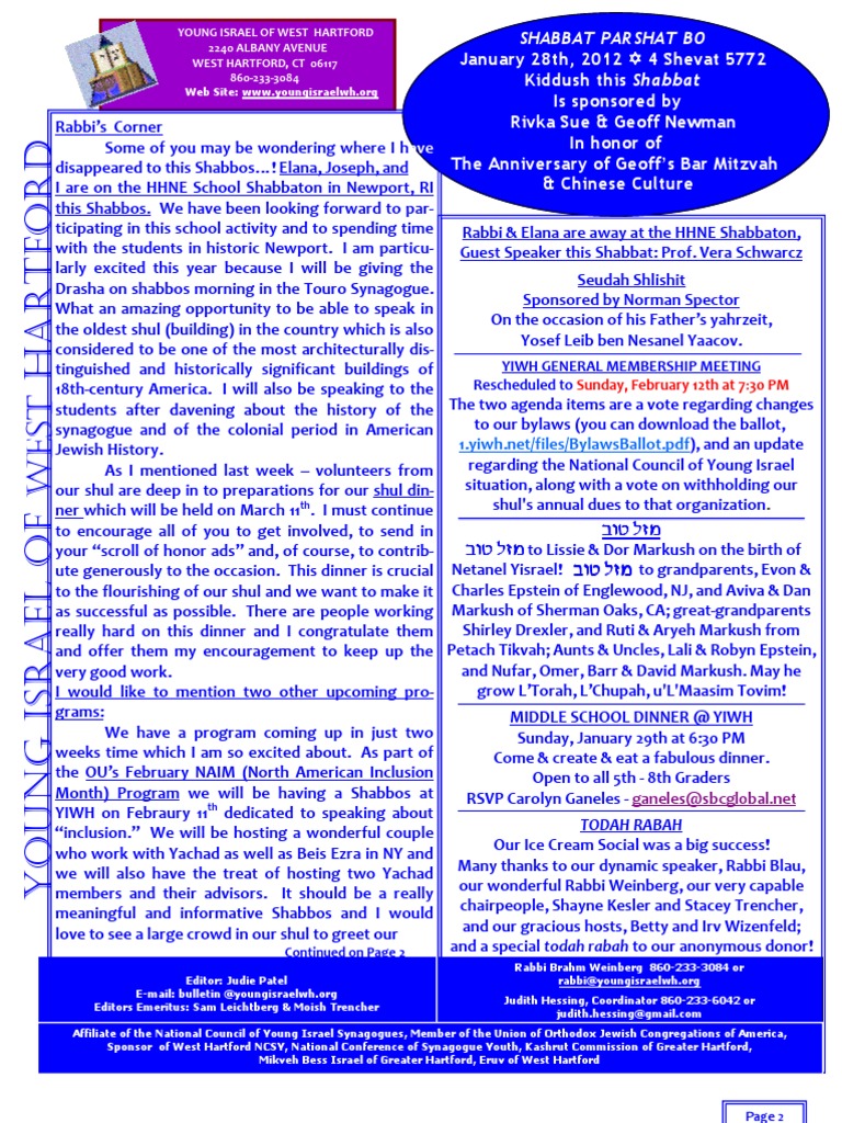 January 28th, 2012 Kiddush This Shabbat Is Sponsored by Rivka Sue ...