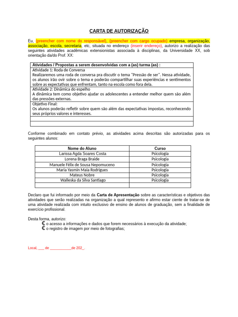 Carta de Autorizacao1 | PDF | Carreira e Crescimento