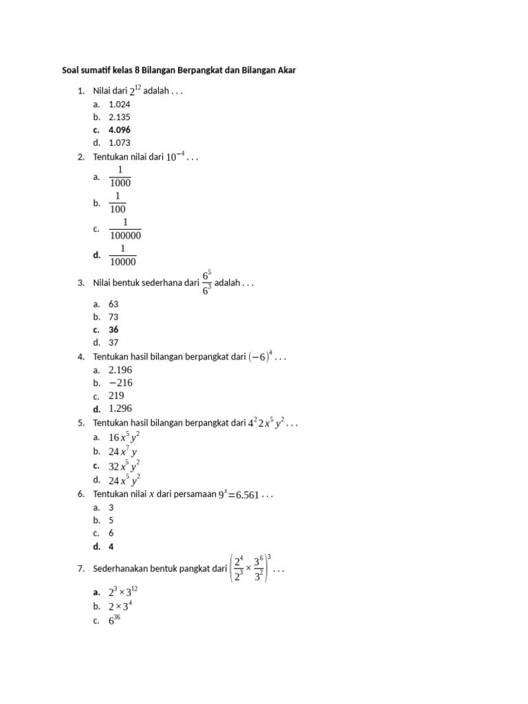 Soal Ujian Bilangan Berpangkat Kelas 8 Pdf