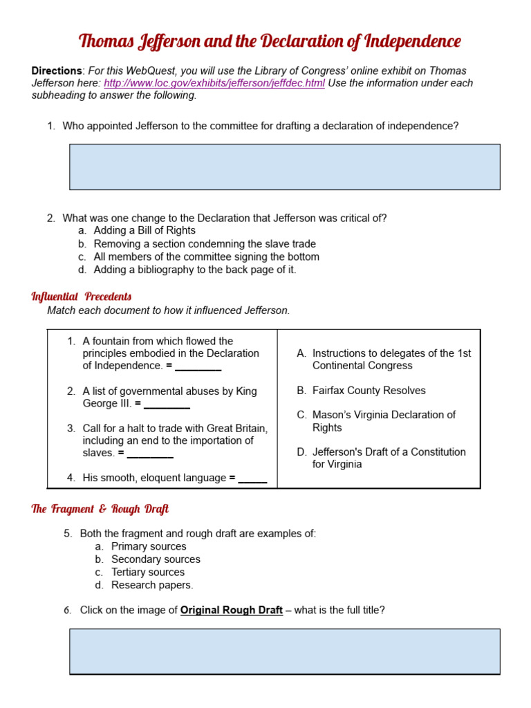 Copy of Jefferson and The Declaration WebQuest | PDF | United States ...