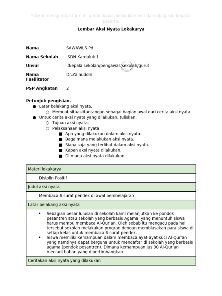 Lembar Aksi Nyata Lokakarya & RTL Sawawi | PDF | Karier & Perkembangan | Seni & Disiplin Bahasa