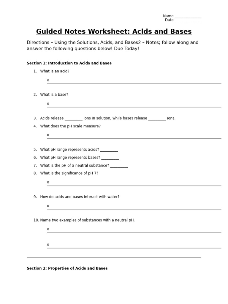Guided Notes Worksheet Acids and Bases | PDF | Acid | Ph