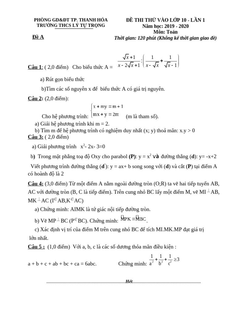 Đề Thi thử vào 10 môn Toán lần 1 LTT 2019-2020 HDC | PDF