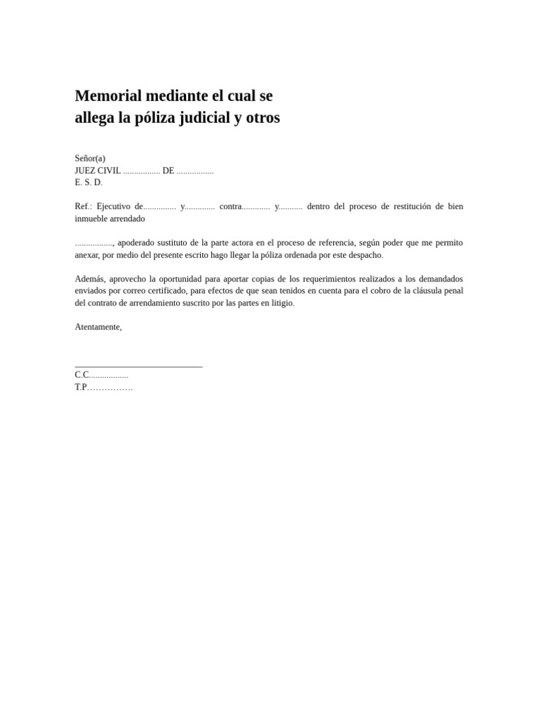 Memorial Mediante El Cual Se Allega La Póliza Judicial y Otros | PDF
