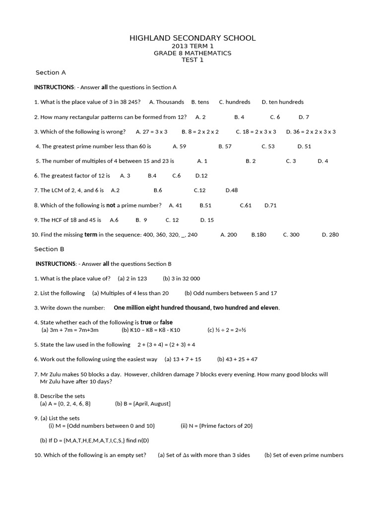 2013 - Term 1 Grade 8 Maths Test 1 | PDF | Mathematical Objects ...